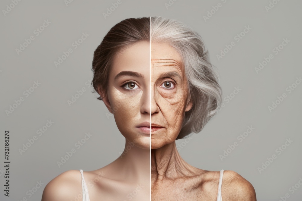 Aging age trends. Comparison young to old woman puffiness. Less ...