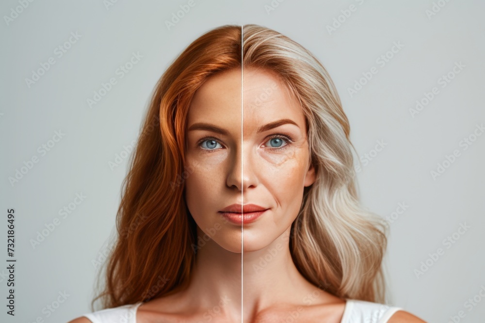 Aging contrast. Comparison young to old woman skin cancer biopsy. Less ...