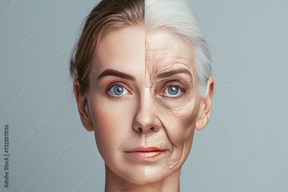 Aging chin wrinkles. Comparison young to old generation female. Less ...