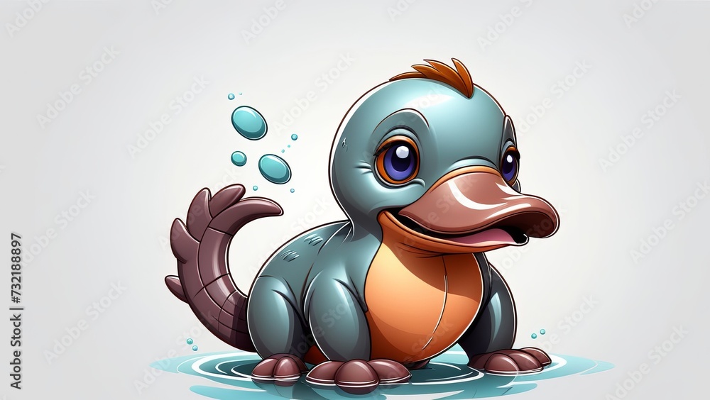 Cute Animated Blue Platypus with Orange Belly Sitting in Water ...