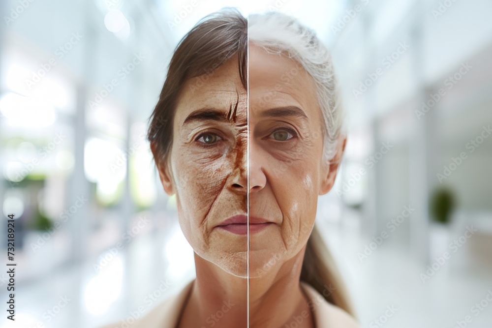 Aging honey serum. Comparison young to old generation aging face. Less ...