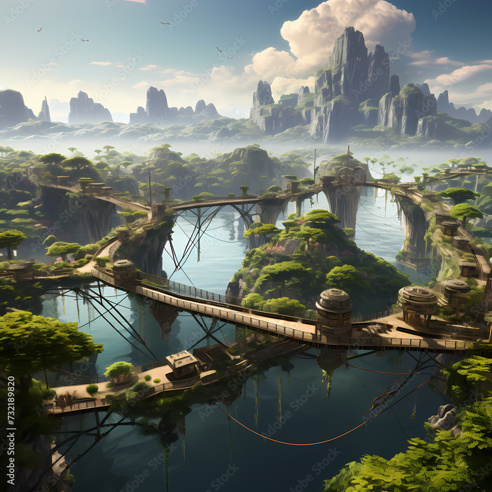 Floating islands connected by suspension bridges. Stock Illustration ...