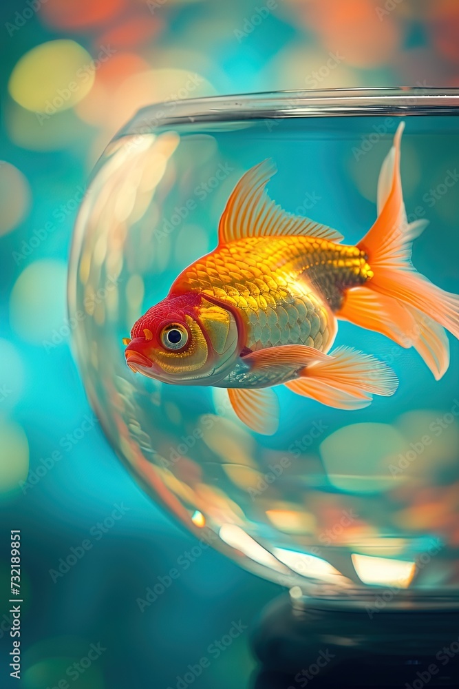 Single perfect oranda goldfish swimming in round aquarium. Close-up ...