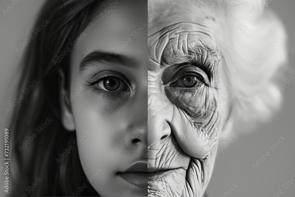 Aging longevity. Comparison young to old generation elderhood. Less ...