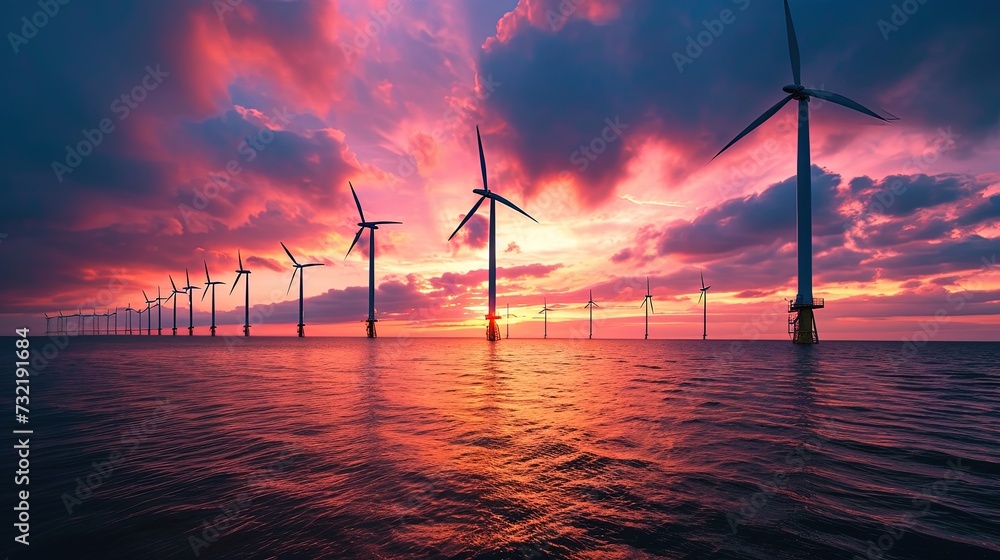 Offshore wind farm at beautiful dramatic sunset. The offshore wind farm ...