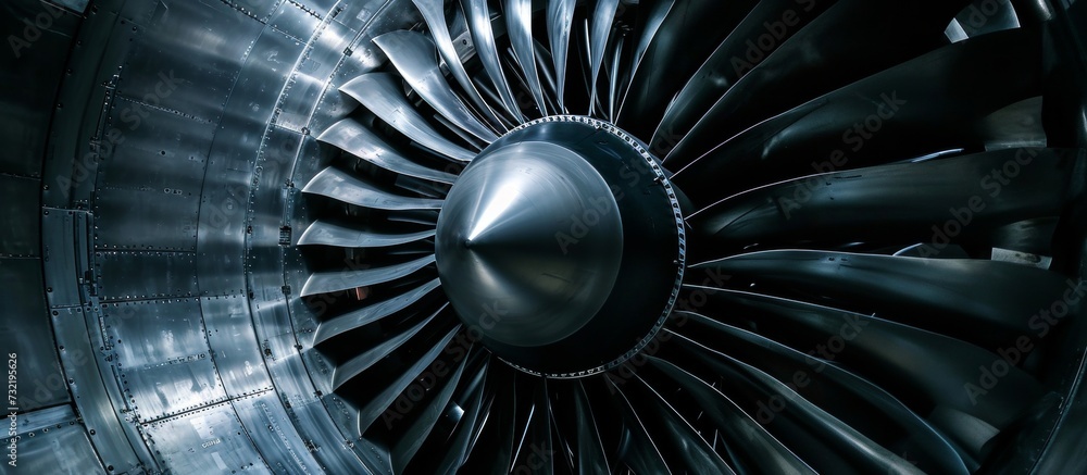 A macro photograph of an electric blue jet engine in a dark room ...