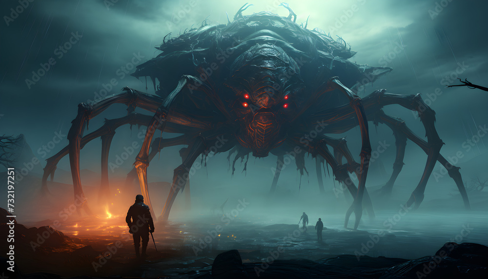 terrifying demon mech monster shrouded in fog and mist Stock ...