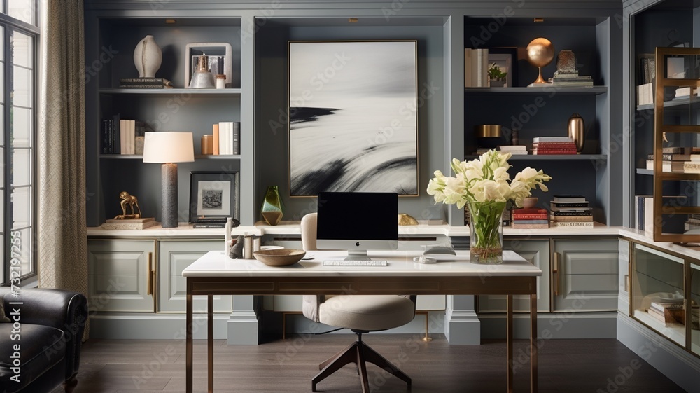 A stylish home office with a sleek desk, ergonomic chair, and shelves ...