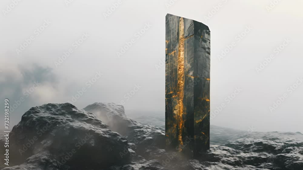 A towering monolith sculpture constructed with layers of petrified wood ...