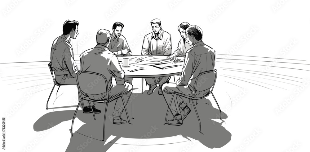 Vector art of a team huddle in a modern meeting pod representing the ...