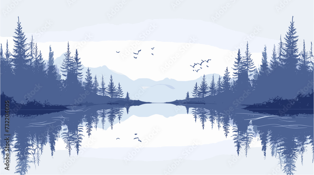 Peaceful riverside forest scene with a mirrored reflection in the water ...