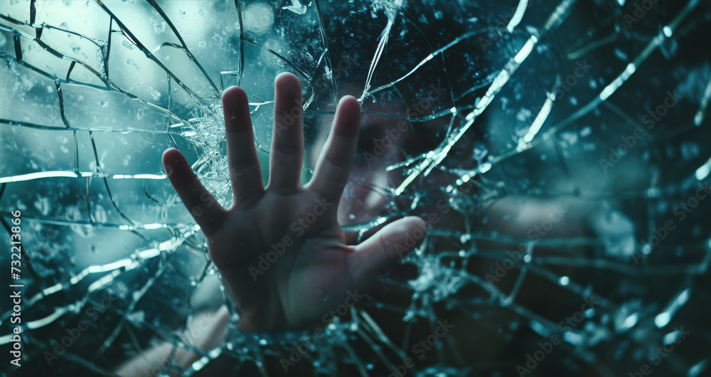 mental breakdown man breaking glass window by hand struggle to break ...