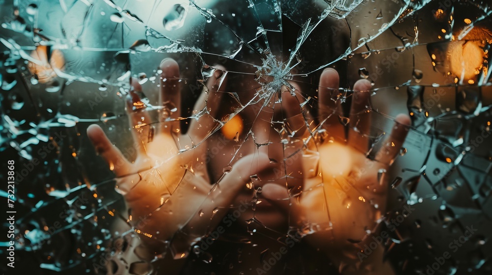 mental breakdown woman trying to escape breaking glass window by hand Stock-Foto | Adobe Stock