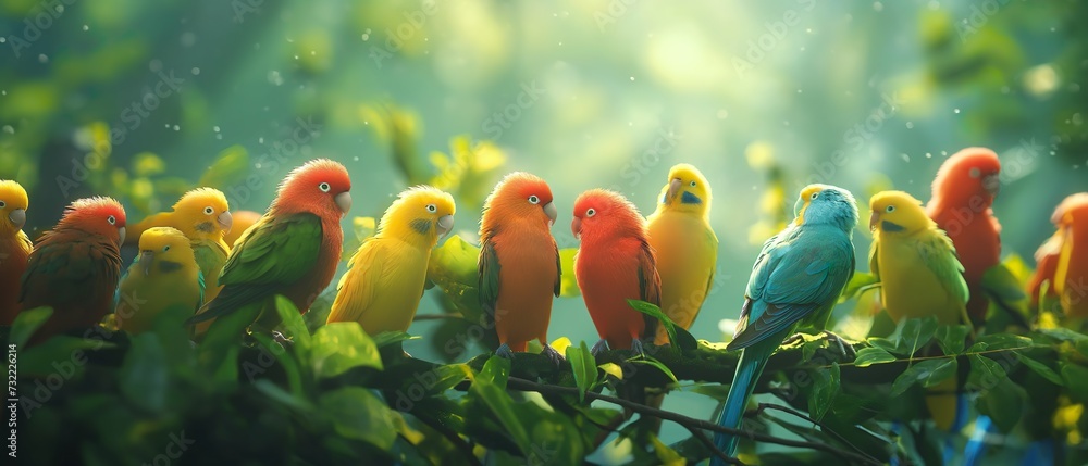 Bright Tropical Parrots On A Branch. Illustration On The Theme Of ...
