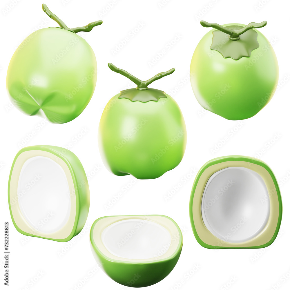 3D Icon fresh young coconut on three points of view. On transparent ...