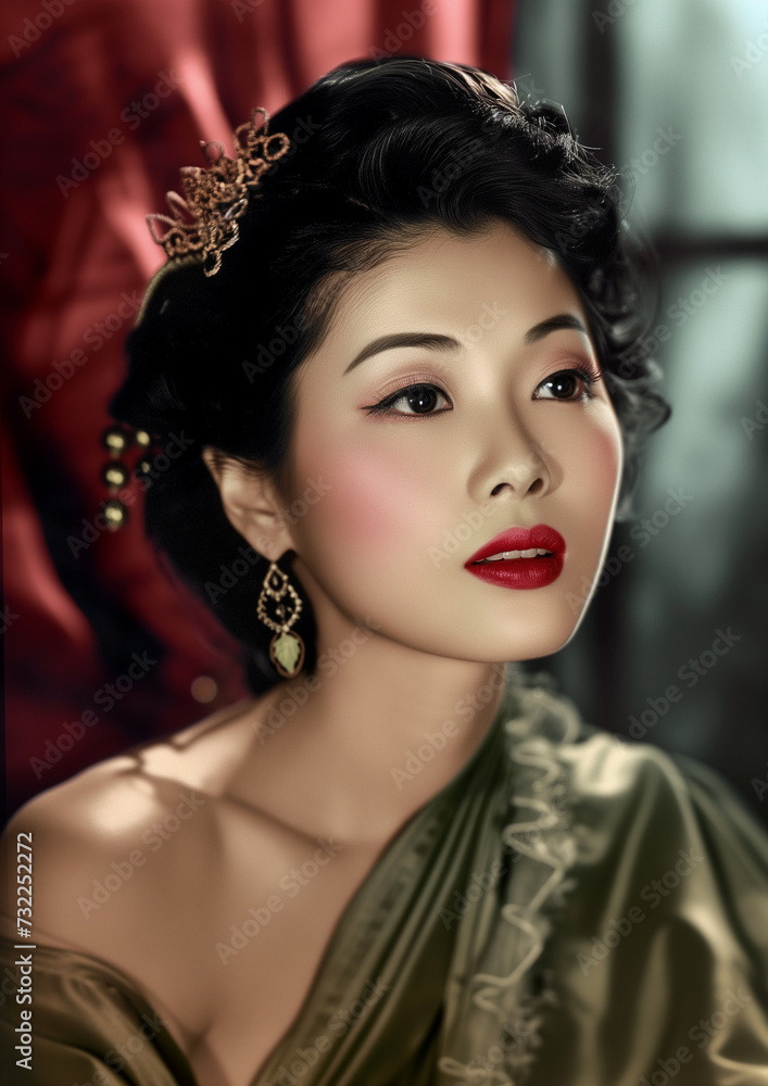 beautiful asian actress starlet in green traditional costume old ...