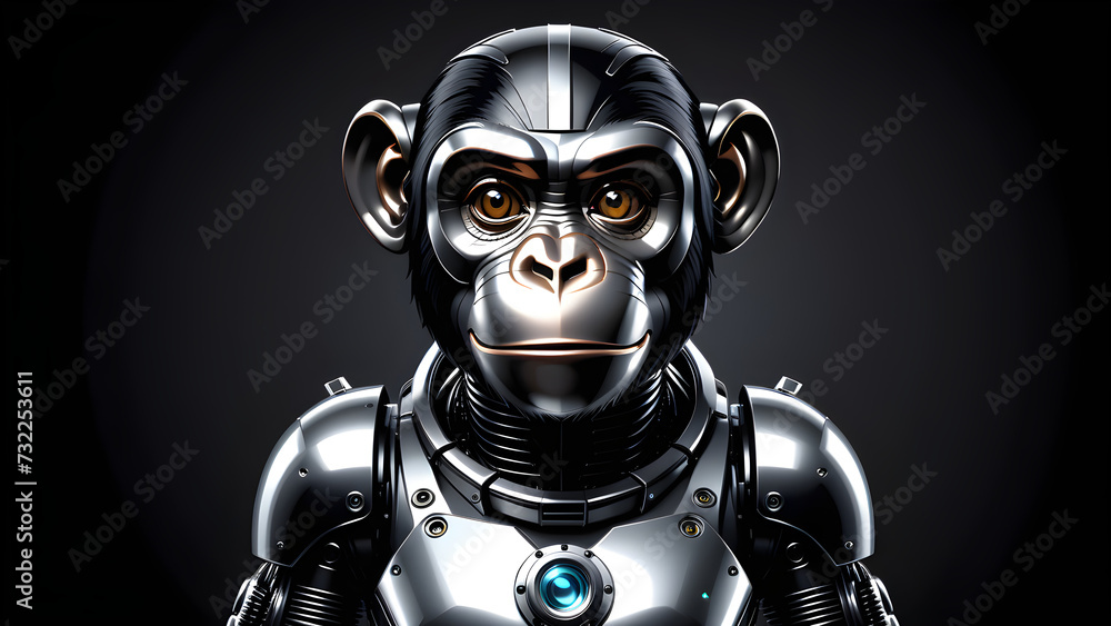 robot chimpanzee isolated on a black background. cyber animal. Digital ...