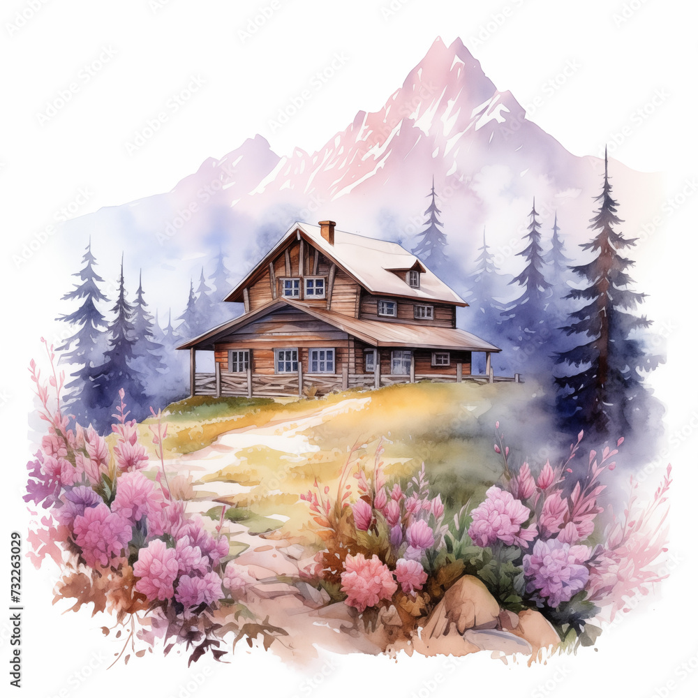 Landscape clipart, mountain house, printable watercolor clipart, high ...