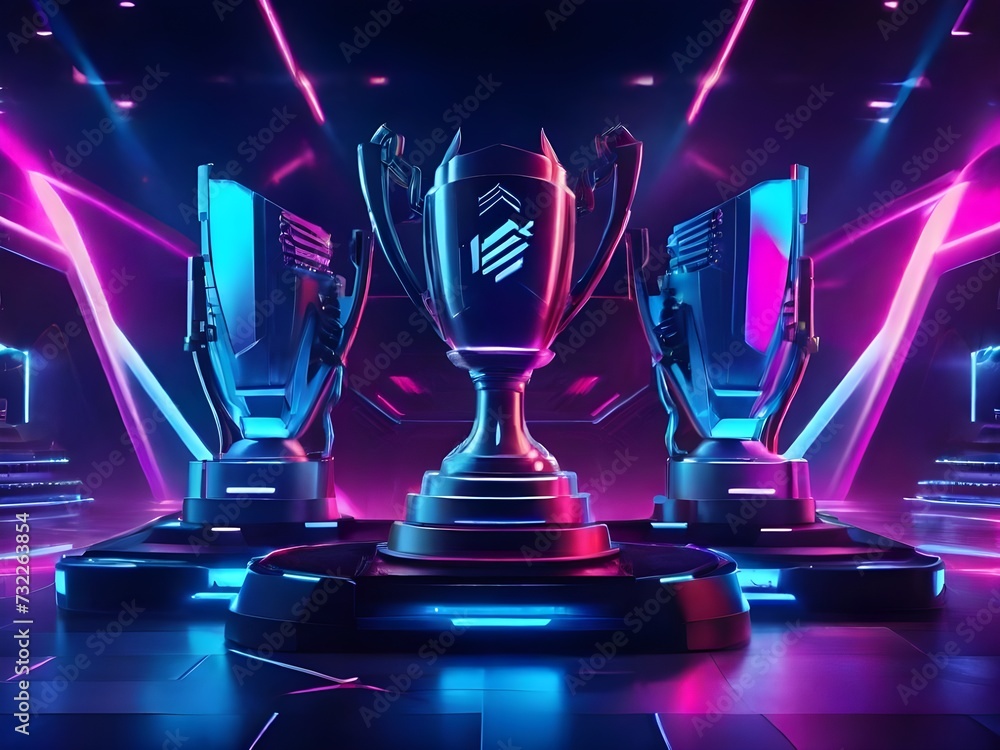 The esports winner trophy standing on the stage in the middle of the ...