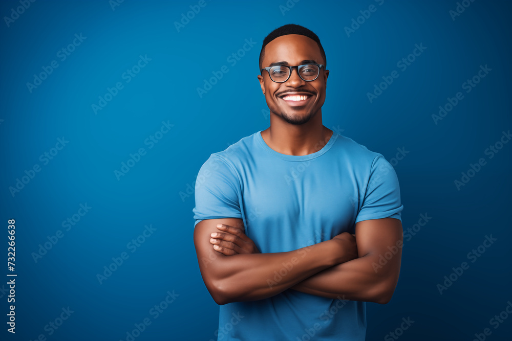 Man with glasses smiling and arms crossed in front of blue background ...