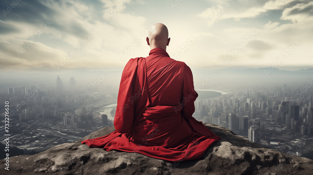 Buddhist monk dressed in red , bald head, meditates on mountain top and ...