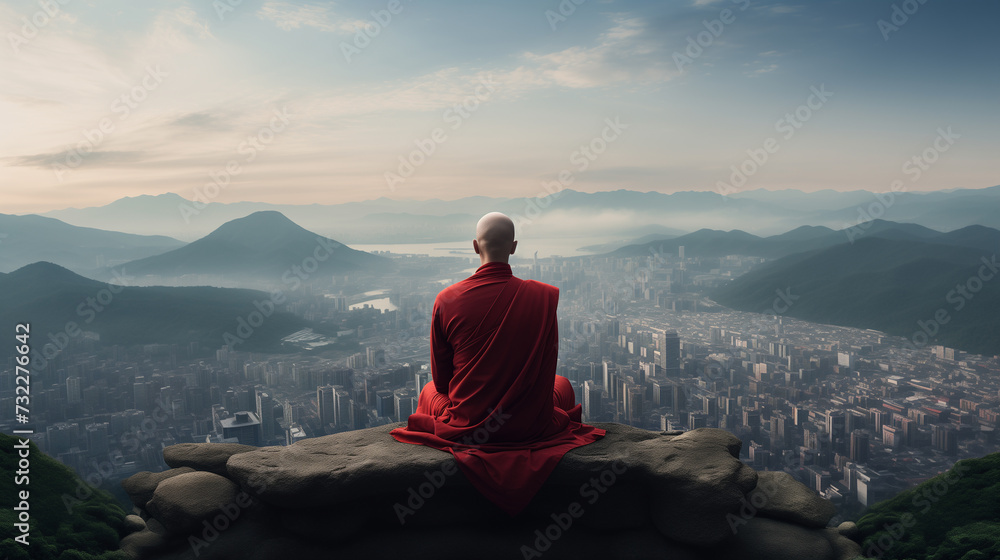 Buddhist monk dressed in red , bald head, meditates on mountain top and ...