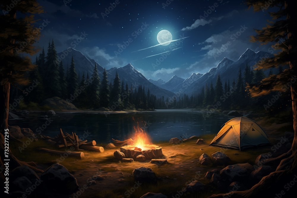 Serene camping scene at night on a lake, where a warm and inviting campfire flickers under a sky ...