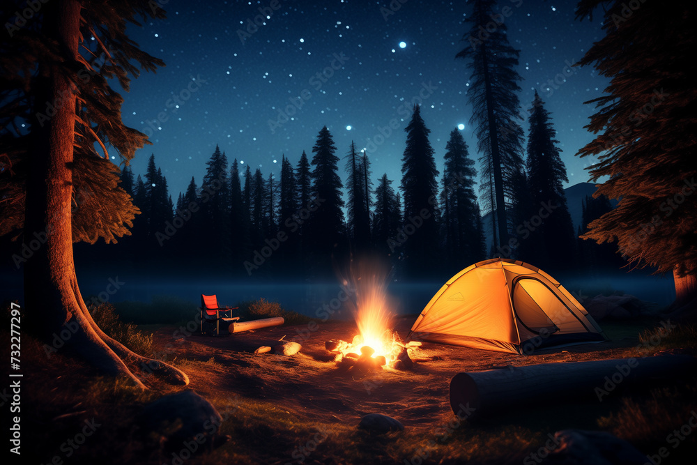 Serene camping scene at night on a lake, where a warm and inviting campfire flickers under a sky ...