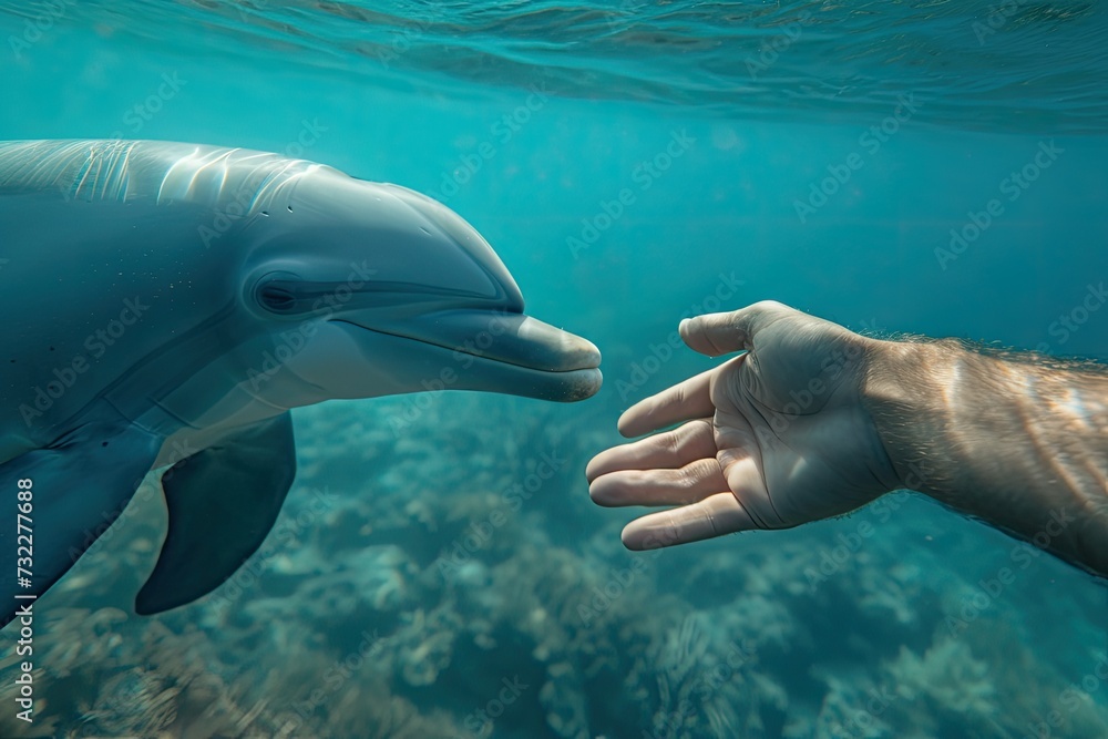 The hand of a man next to the muzzle of a dolphin in the water ...
