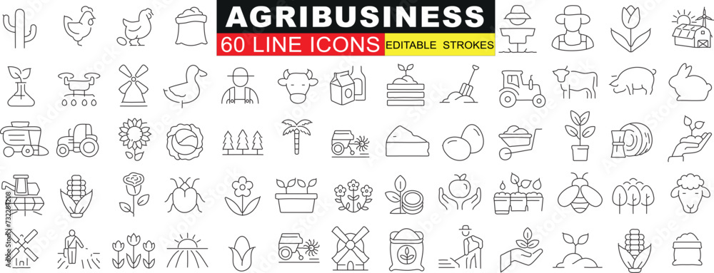 Agribusiness, 60 line icons set, sustainable farming, agriculture ...
