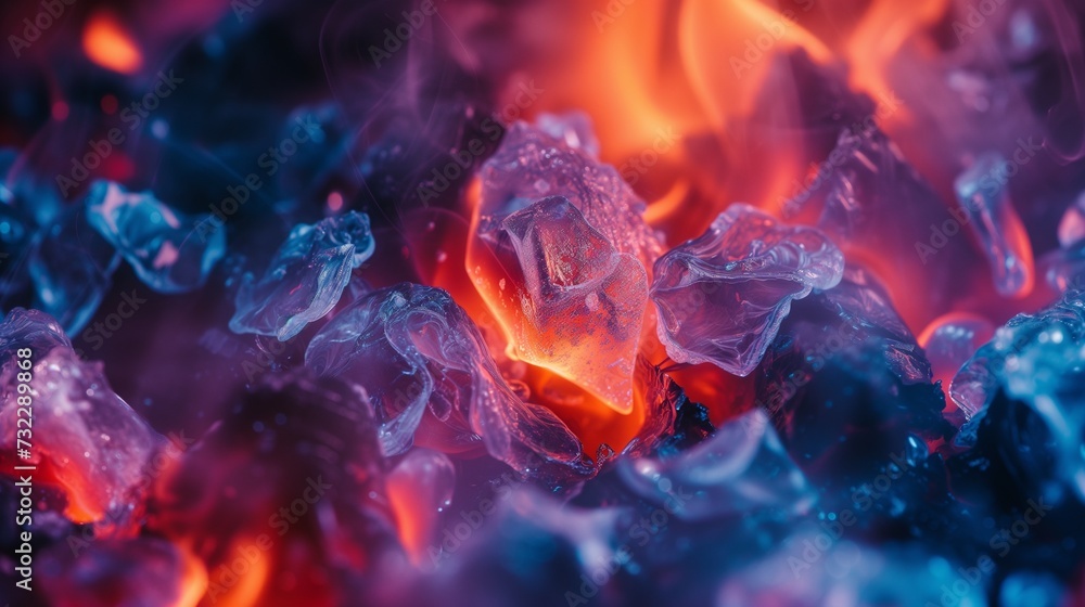 Abstract macro shot where fiery glows and icy textures collide ...
