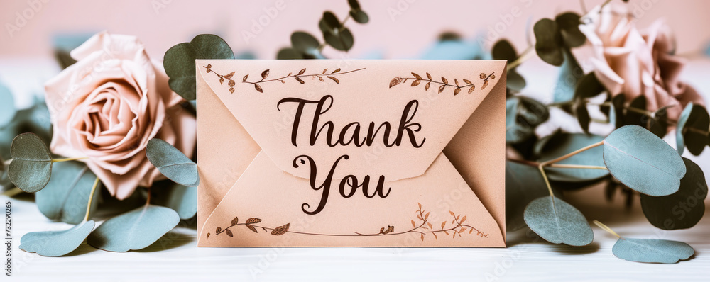 Elegant Thank You note peeking out of a brown kraft envelope adorned ...