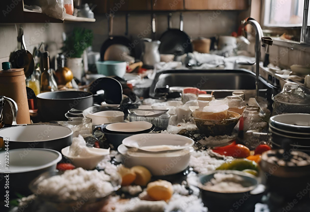 Compulsive Hoarding Syndrom - messy kitchen with pile of dirty dishes ...