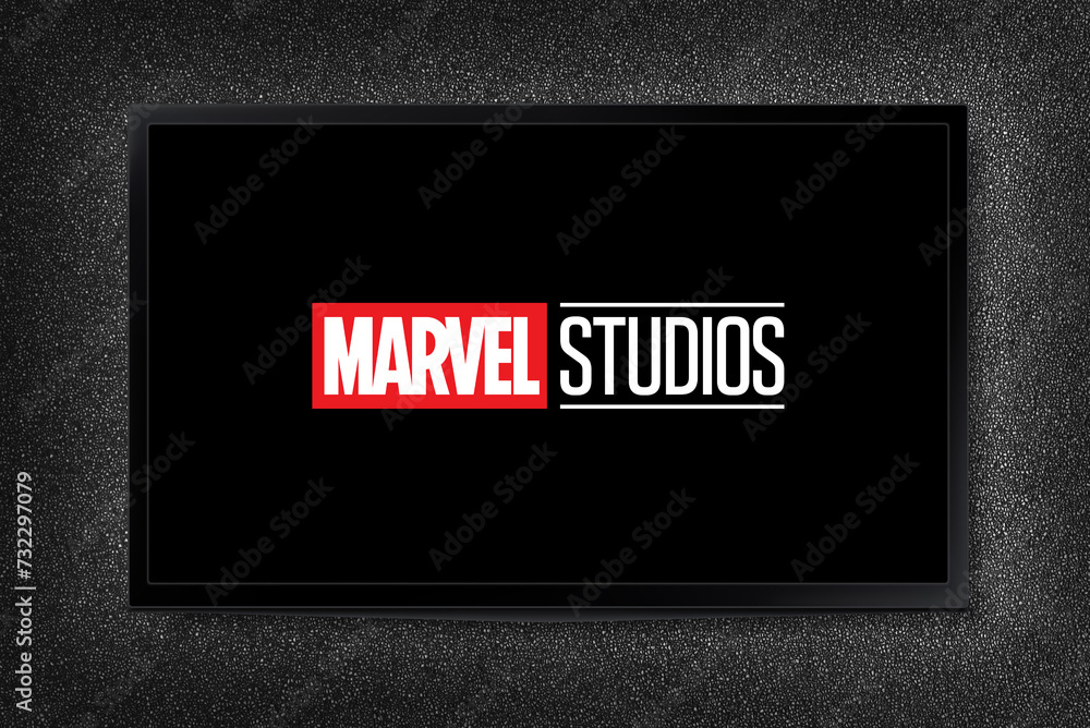 Marvel Studios logo on TV screen. Astana, Kazakhstan - February, 2024 ...