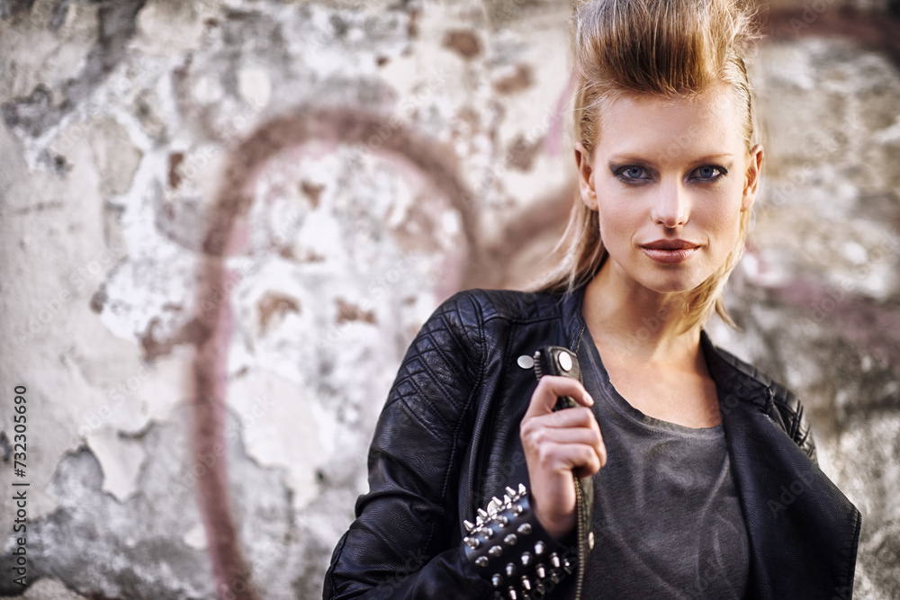 Woman, portrait and confident in edgy fashion with punk rock hairstyle ...