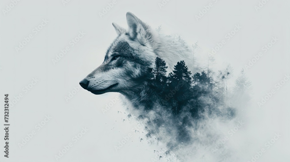 Silhouette of wolf in misty forest. Effect of overlapping frames ...
