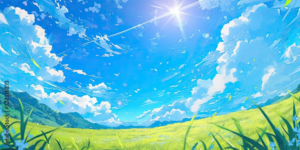 Beautiful day in anime style. Manga weather cloudscape, bright light ...