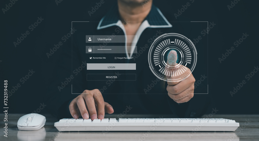 Businessman scanning his finger to login to customer service management ...