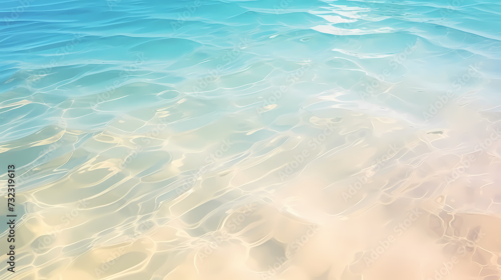 Sandy beach with light blue transparent water waves and sunlight ...