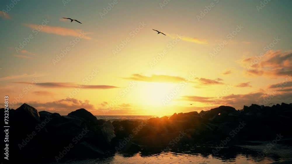 Birds flying over big stones at the beach at sunset. Big ocean waves ...