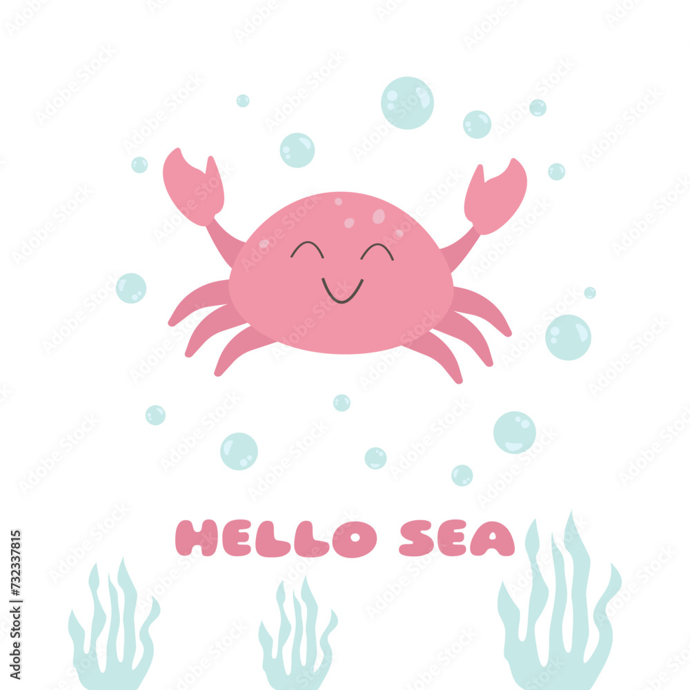 Pink cute crab in kawaii style. Sea animal character, with bubbles ...