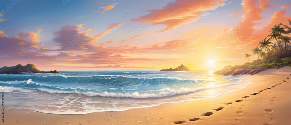 Captivating ultra-wide beach scene of a paradise beach at sunrise, a ...