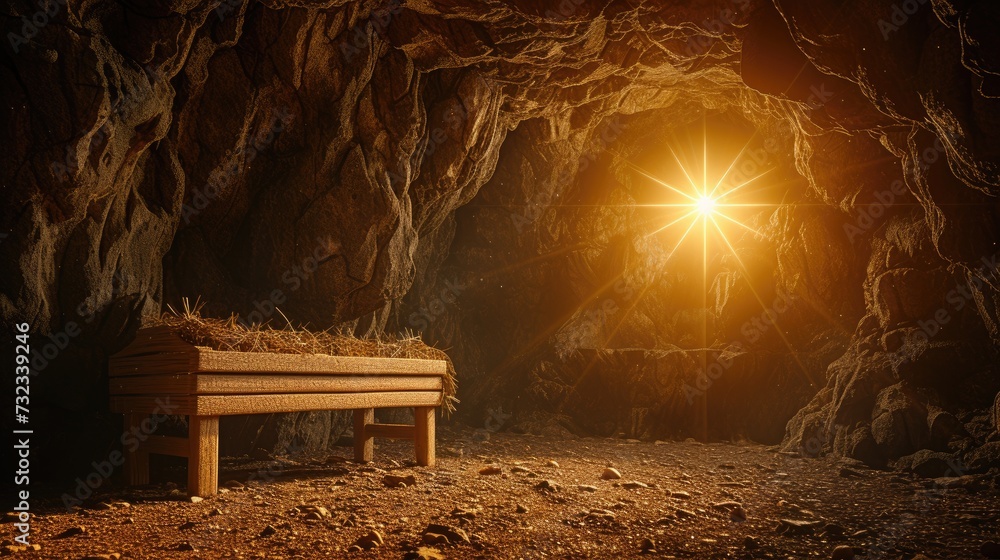 Manger Scene in Cave with Starlight, serene nativity scene with an ...