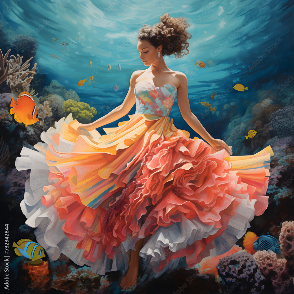 girl in a dress tropical coral reef with fish deep blue ocean colourful ...