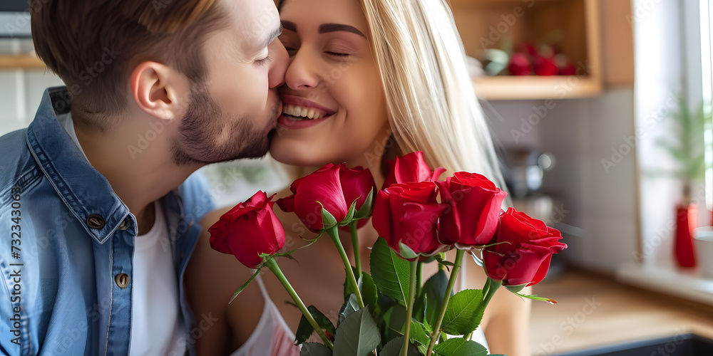 Happy couple, red roses and kiss for surprise, anniversary or ...