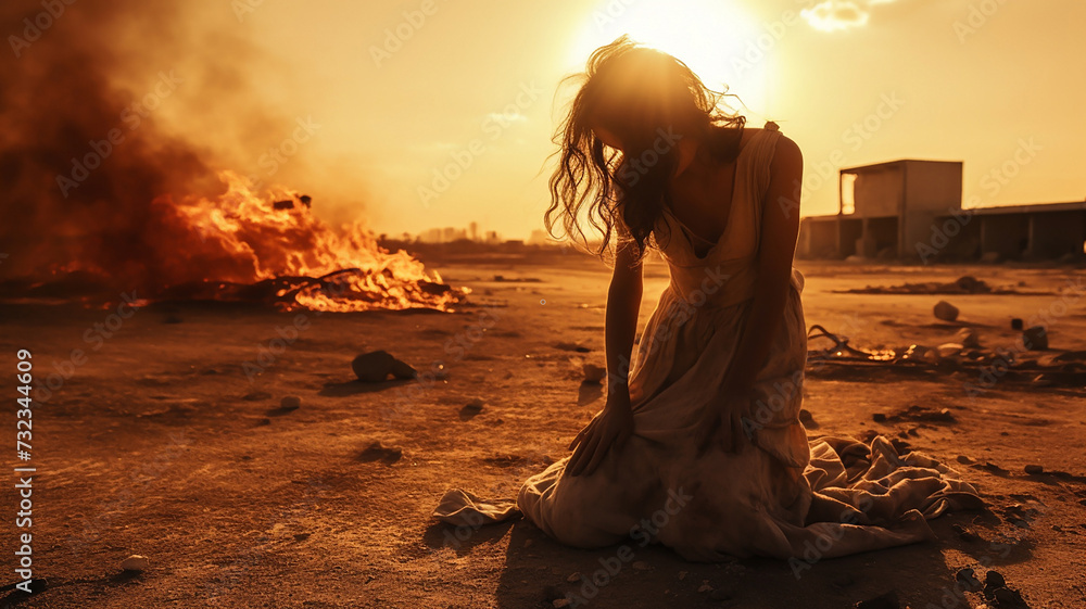 girl on fire against the backdrop of a destroyed city war tragedy ...