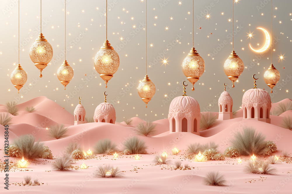 Ramadan Kareem greeting poster design pastel Pink and peach colours ...