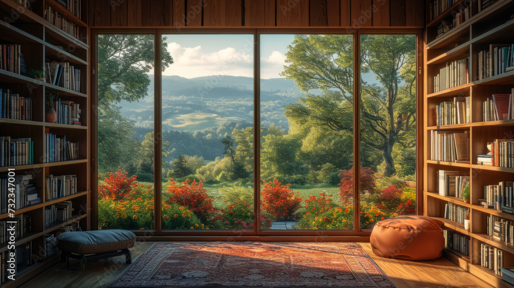Warm inviting scenic home office library with expansive view of nature ...