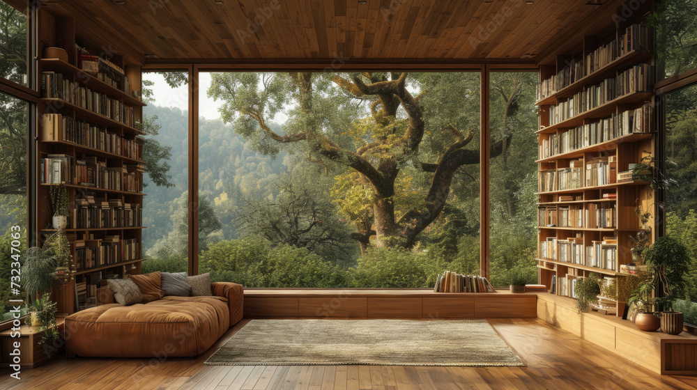 scenic bookshelf background interior home office library study window view of trees and hills ...