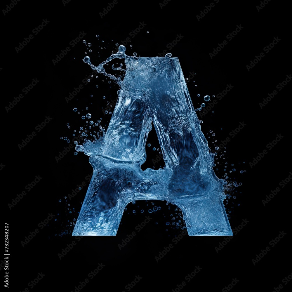 Letter A made of water. Font with splashes and drops of blue liquid ...